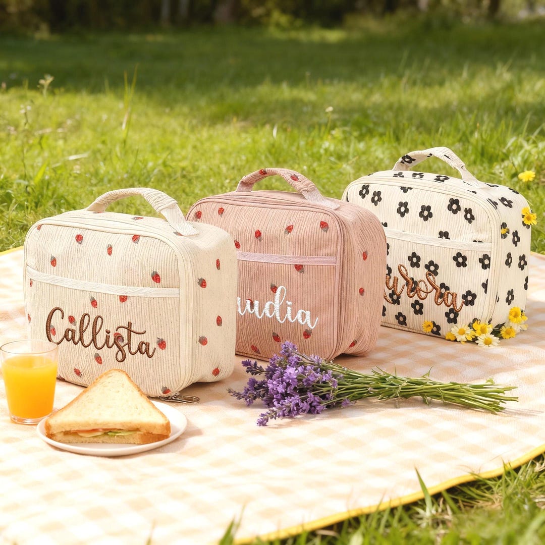 Custom Embroidered Lunch Bag, Cute Corduroy Insulated Picnic Tote ...