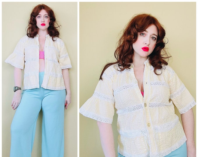 1970s Vintage Pastel Yellow Pintuck Lace Jacket / 70s Bohemian Flared ...