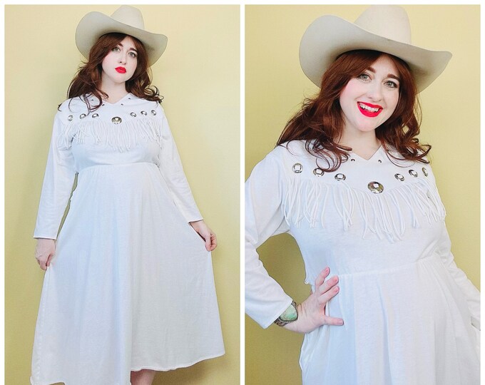 1980s Vintage Sassa White Cotton Western Dress / 80s / Eighties Silver ...