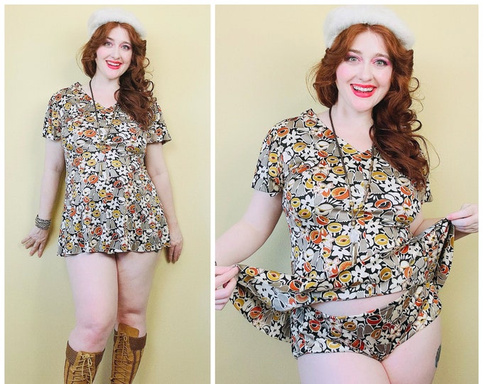 1970s Vintage Brown Floral Nylon Sizzler Set / 70s Flower Power Mod ...