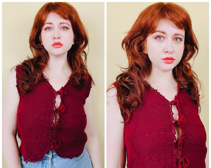1990s Vintage Maroon Knit Vest / 90s Grunge Rampage Chiffon Rose Button ...