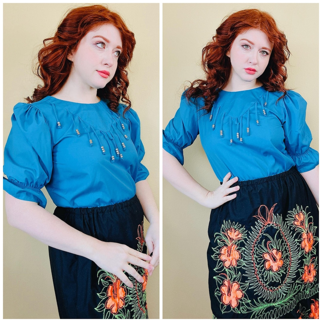 1980s Vintage Malco Modes Turquoise Western Shirt / 80s Concho Fringe Puffed Sleeve Blouse ...