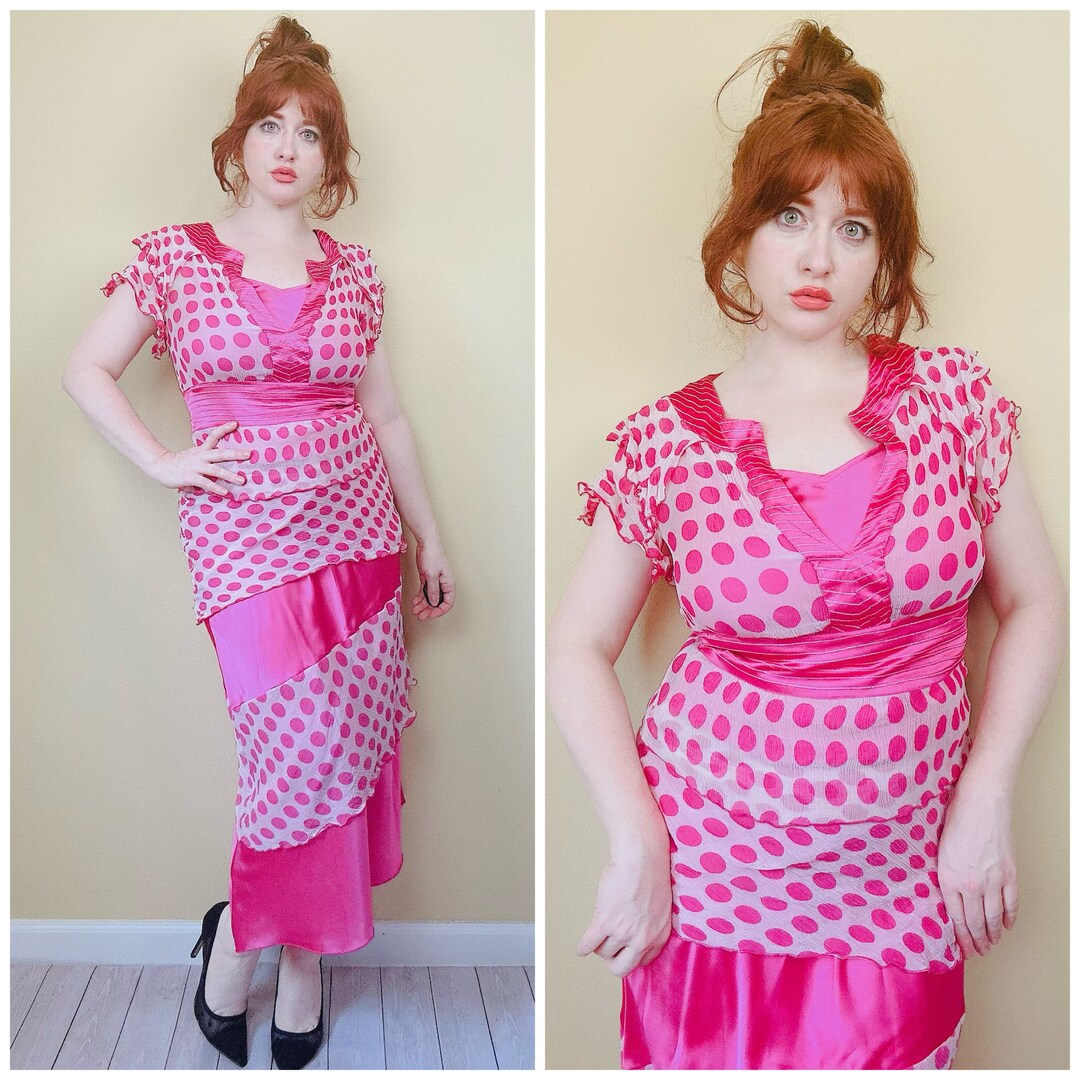 Y2K Kit Cornell Pink Silk Bias Cut Set / Vintage Polka Dot Contrast ...
