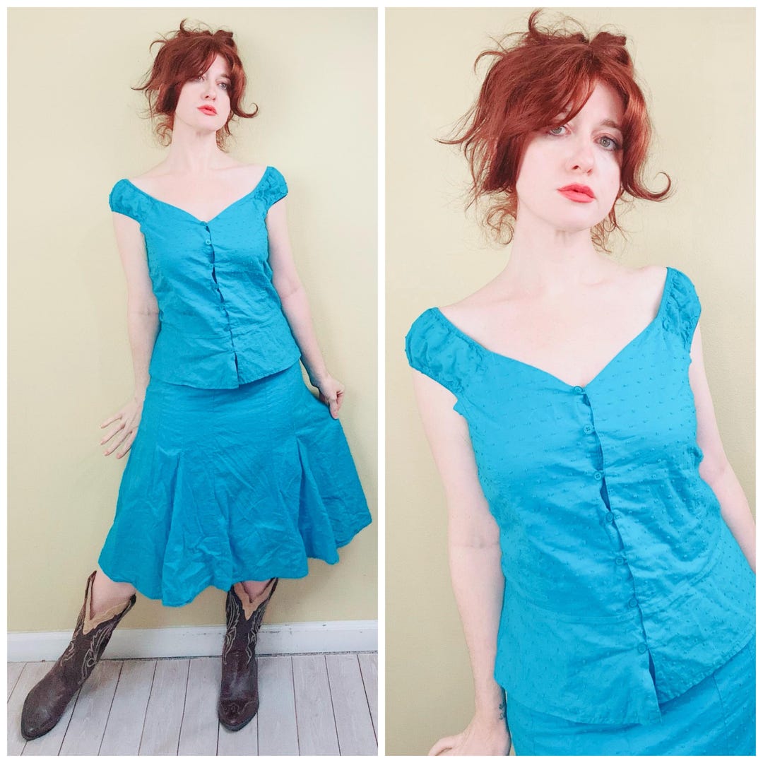 Vintage Turquoise Cotton Skirt Set – Y2K Swiss Dot Milkmaid (M-L) - Etsy