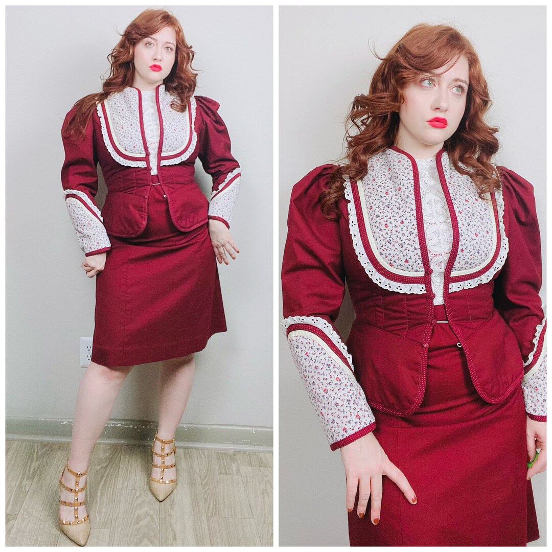 1970s Vintage Maroon Calico Quilted Skirt Set / 70s Cotton Peplum ...
