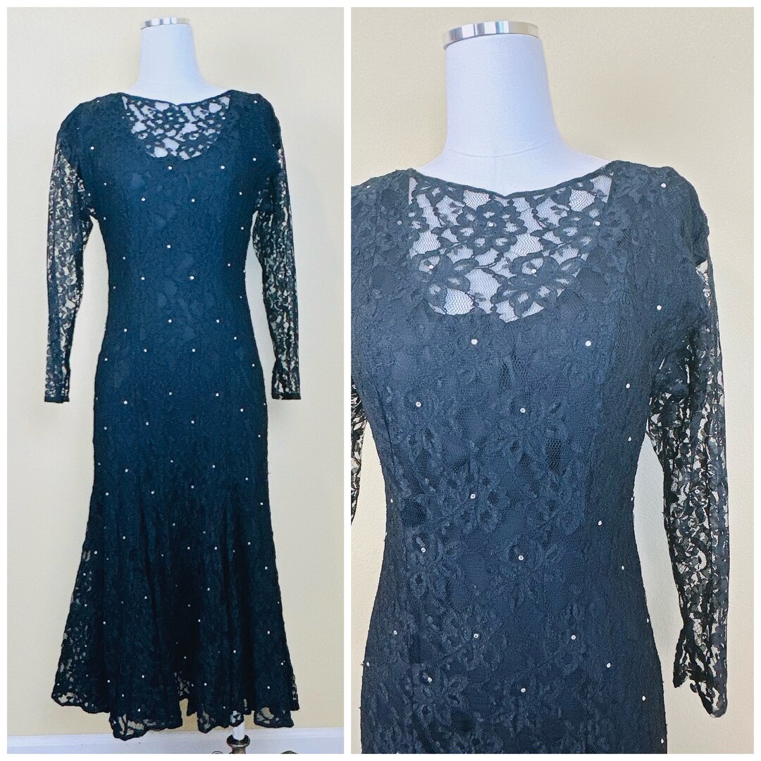 1980s Halston III Rayon Lace Flounce Skirt Dress / 80s Black Rhinestone ...