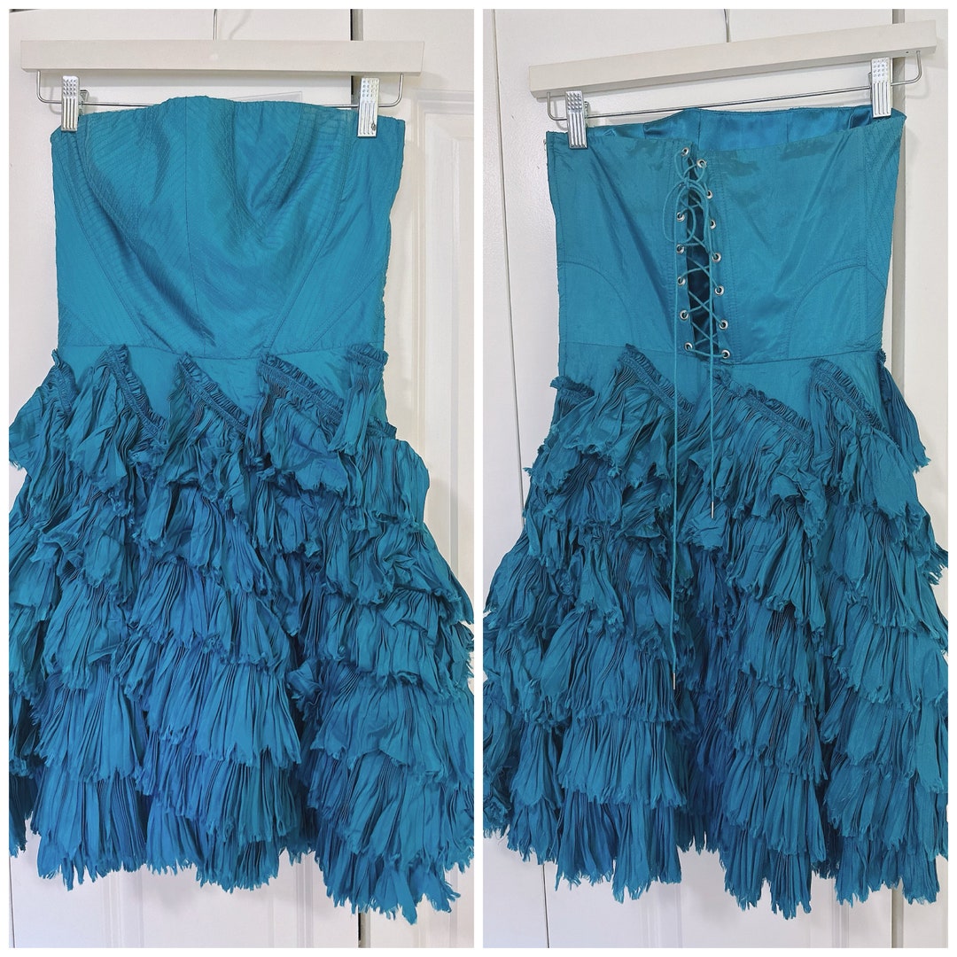 Y2K 90s Teal Betsey Johnson Black Label Party Dress / 90s Ruffled ...