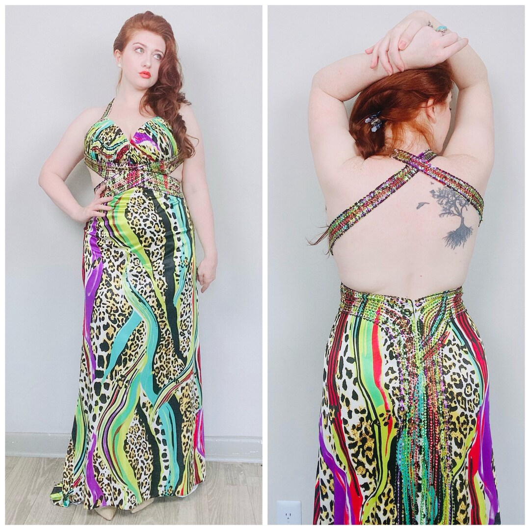 Y2K Green and Blue Leopard Poly Silk Cut Out Evening Gown / Jovani Cut ...