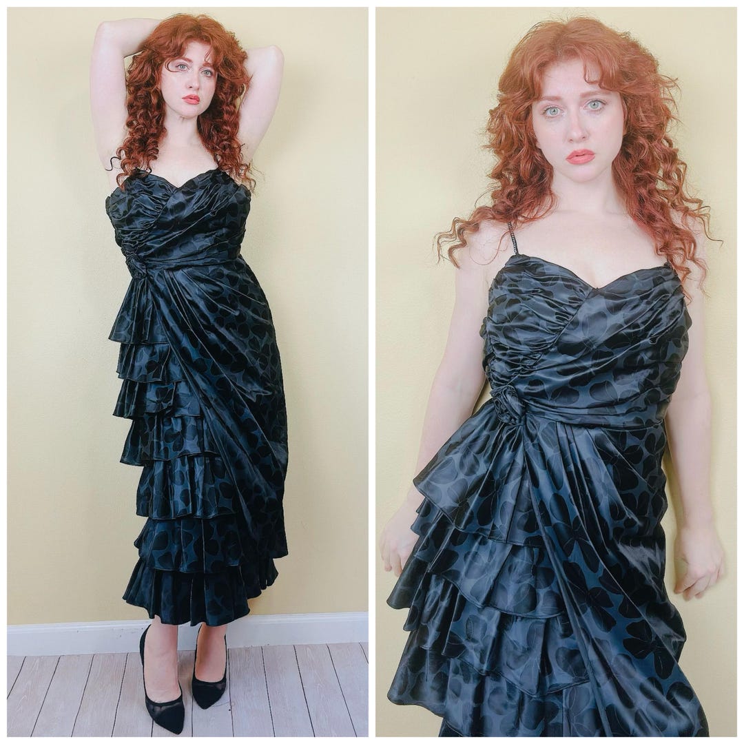 1980s Vintage Silky Black Bow Print Wiggle Dress / 80s Rhinestone Disco ...