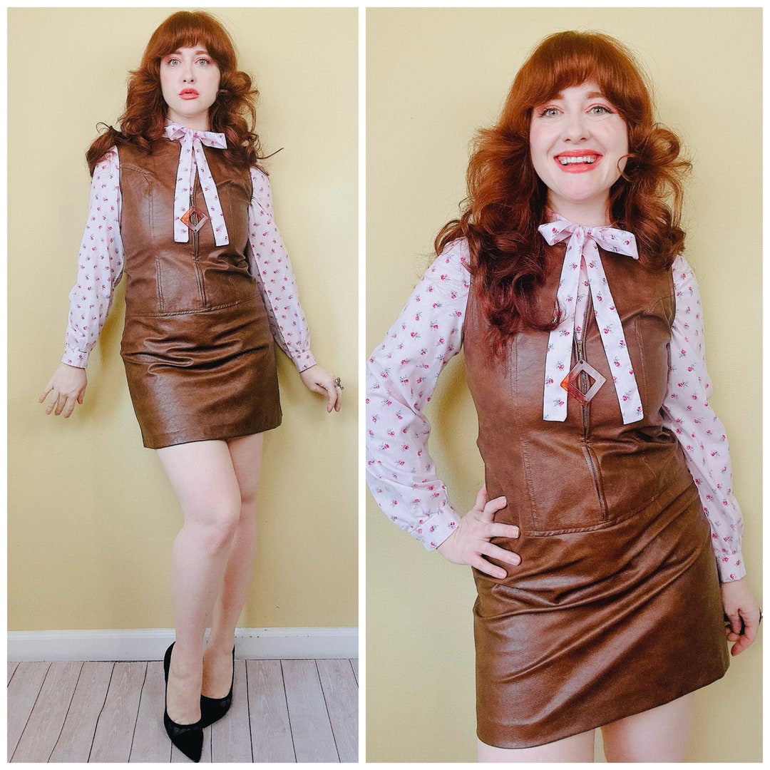 1970s Vintage Faux Leather Drop Waist Dress / 70s Mod Vinyl Brown Mini ...