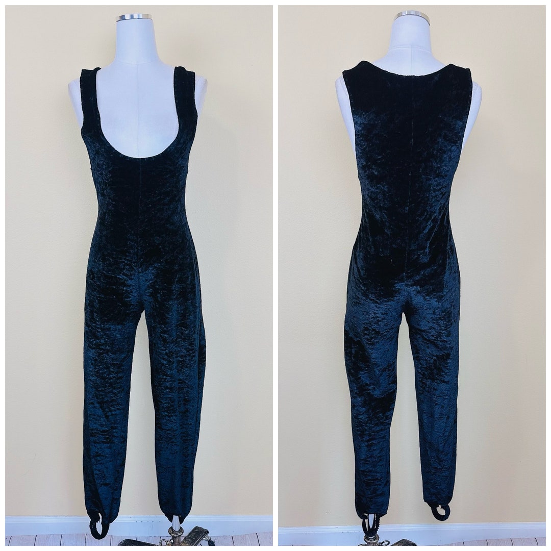 1990s Vintage Black Crushed Velvet Stirrup Catsuit / 90s Ninetie ...