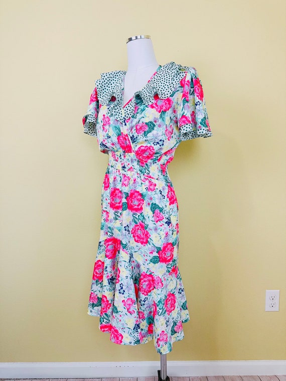 1980s Vintage Susan Tudor Pink Floral Dress / 80s Pol… - Gem