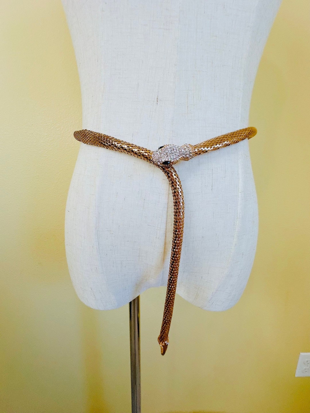 1980s Vintage Gold and Rhinestone Magnetic Mesh Metal Belt / Snake Belt ...