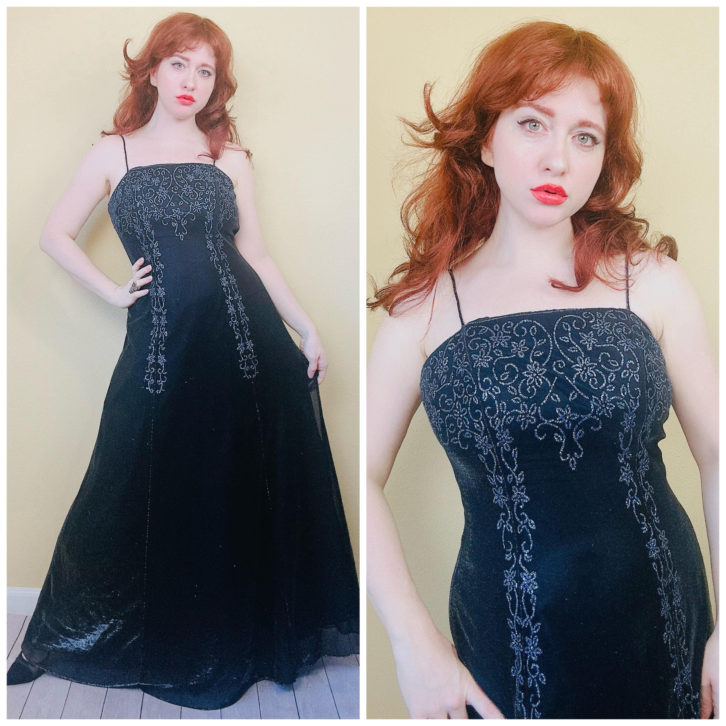 Y2K Onyx Nites Metallic Acetate Prom Dress / Vintage Black Y2K Onyx Nites Metallic Acetate Prom Dress / Vintage Black