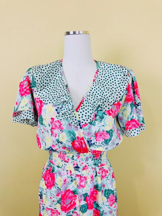 1980s Vintage Susan Tudor Pink Floral Dress / 80s Pol… - Gem