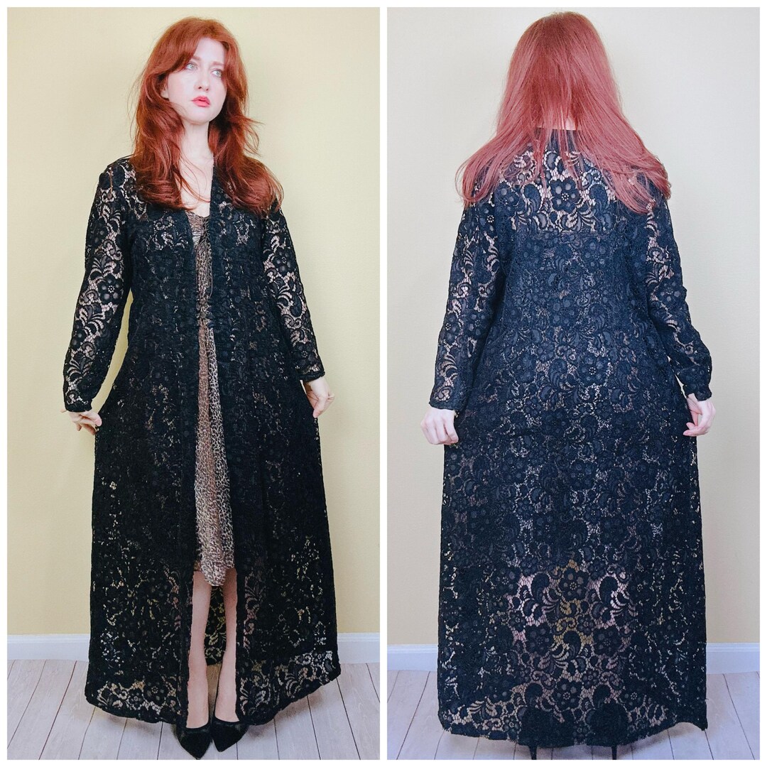 1990s Vintage Velvet Laser Cut Duster Coat / 90s / Floral Goth Black ...