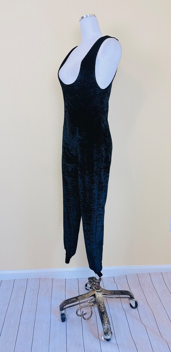 1990s Vintage Black Crushed Velvet Stirrup Catsuit / … - Gem
