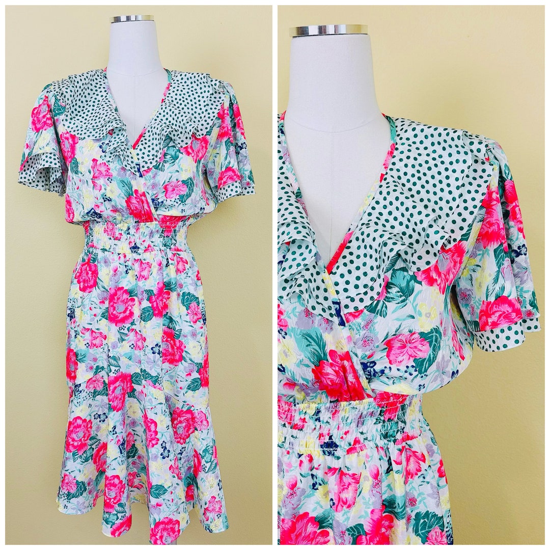 1980s Vintage Susan Tudor Pink Floral Dress / 80s Polka Dot Ruffle Wrap ...