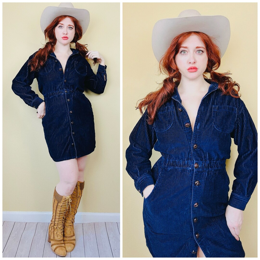 1980s Vintage Fads Navy Blue Corduroy Dress / 80s Cotton Long Sleeve ...