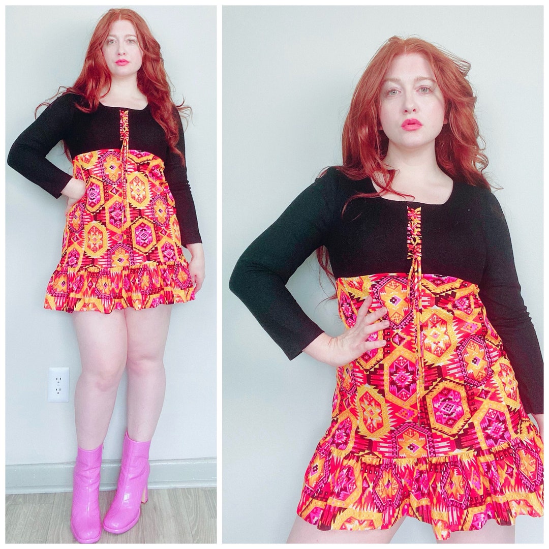 1970s Vintage Polyeter Corset Lace up Mini Dress / Orange and Pink ...