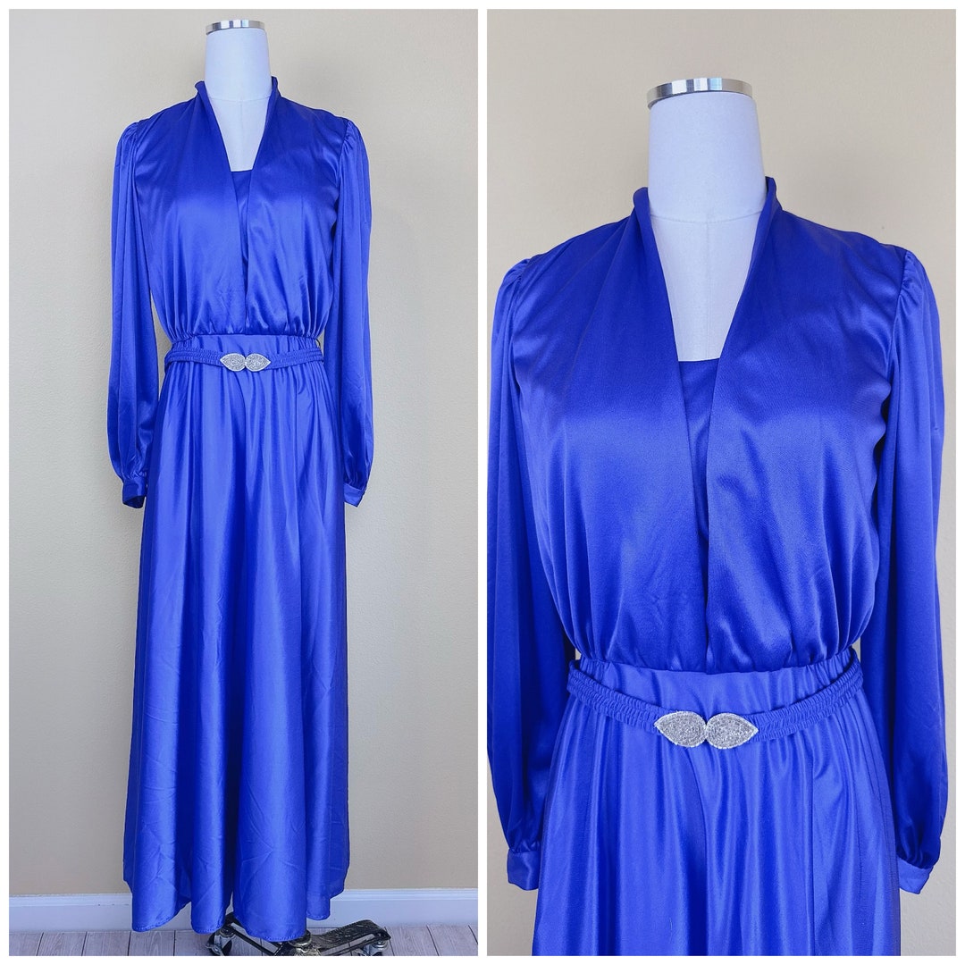1980s Vintage Mike Benet Deep Blue Polyester Evening Gown / 80s Blouson ...
