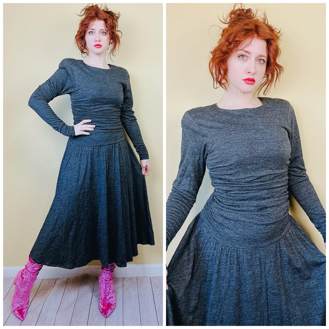 1980s Vintage Grey Wool Ruched Dress / 80s Kathryn Conover Long Sleeve ...