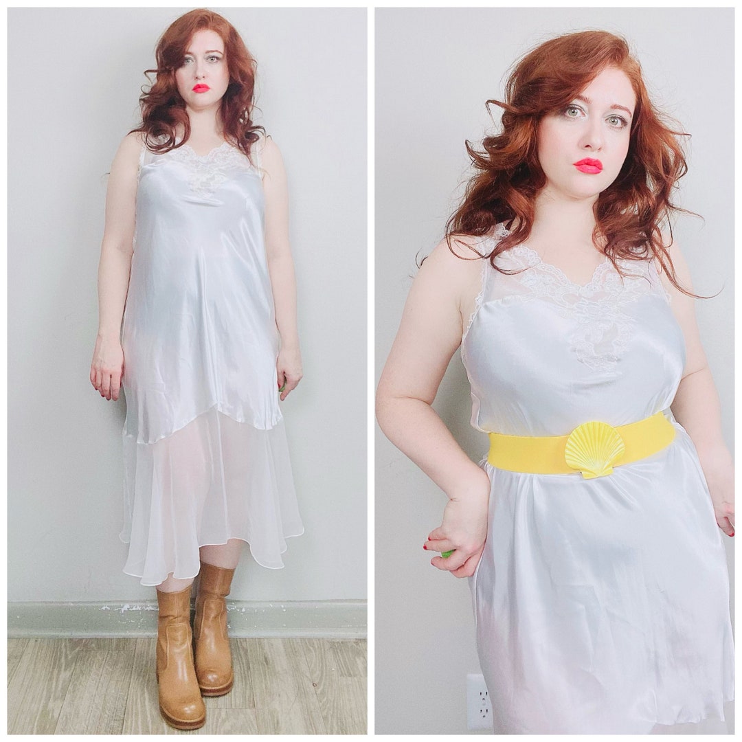 1990s Vintage Sarah Beth White Silky Sheer Hem Sip / 90s /nineties Romantic Floral Ruffled ...