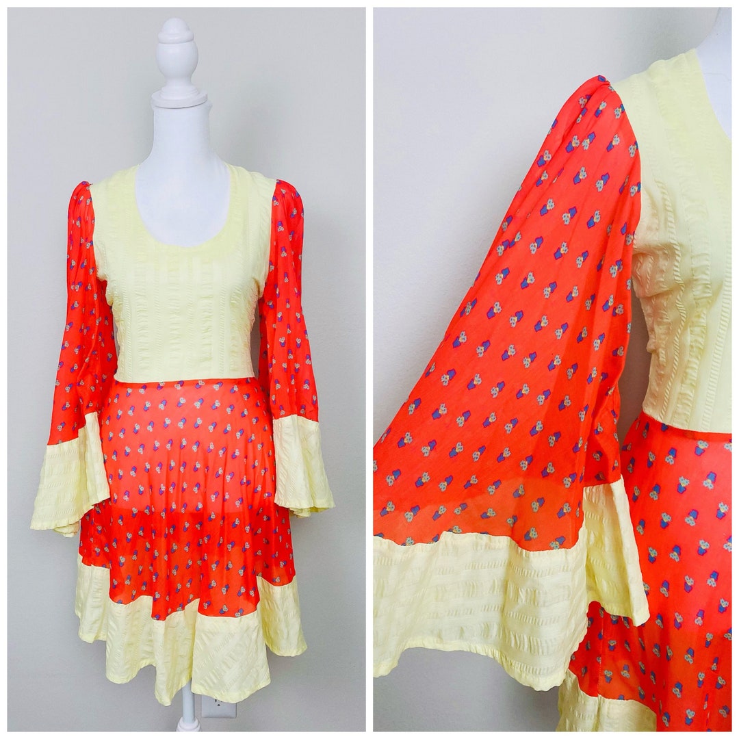 1970s Vintage Medusa Red and Yellow Flared Sleeve Mini Dress / 70s ...