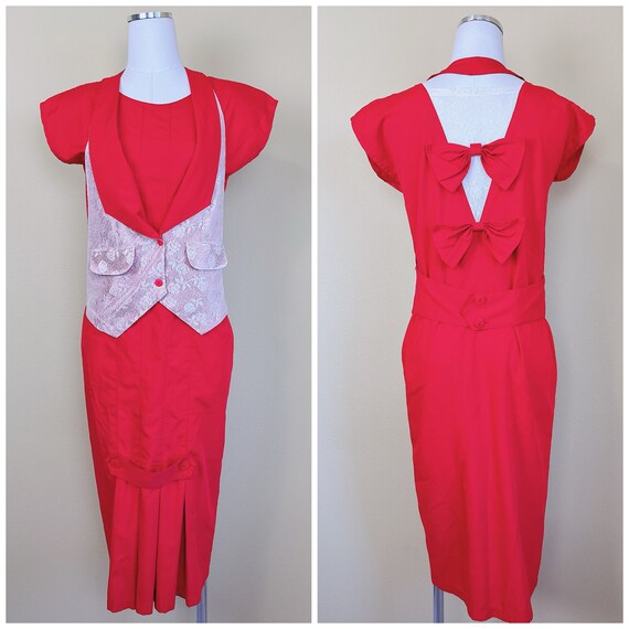 1980s O-Zone Red Bow Back Shift Dress / 80s / Eightie… - Gem