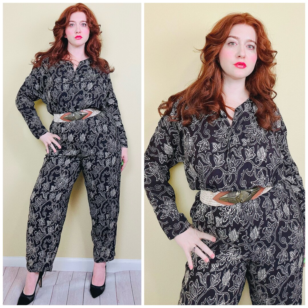 1990s Vintage Passports Eggplant Rayon Jumpsuit / 90s Floral Purple ...