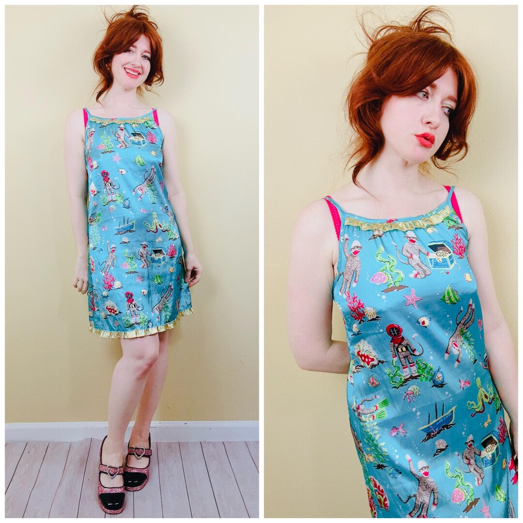 Y2K Vintage Nick and Nora Sock Monkey Slip Dress / Vintage Blue Under ...