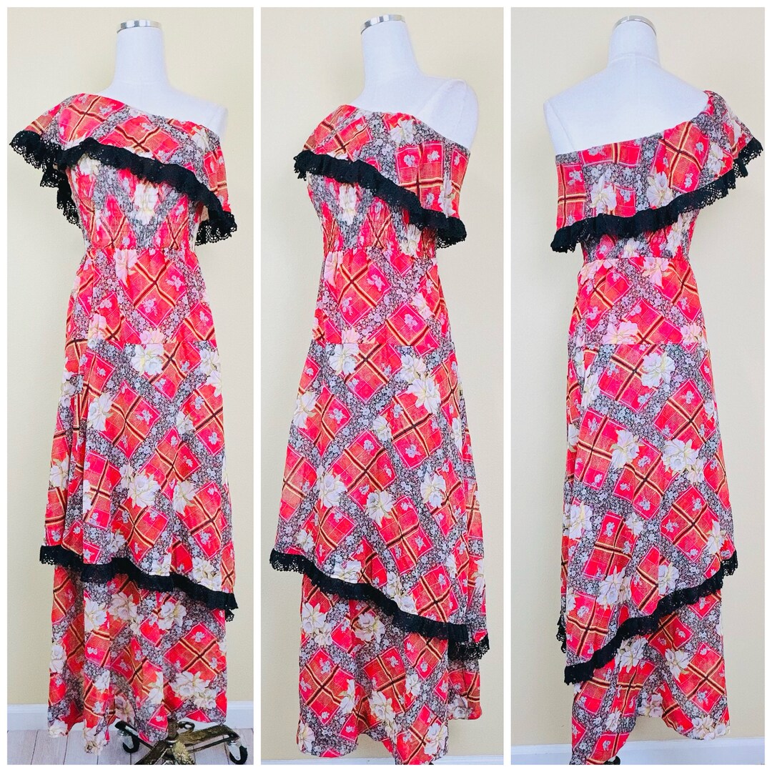 1970s Vintage Ingenue of California Red Floral Tiered Dress / 70s ...