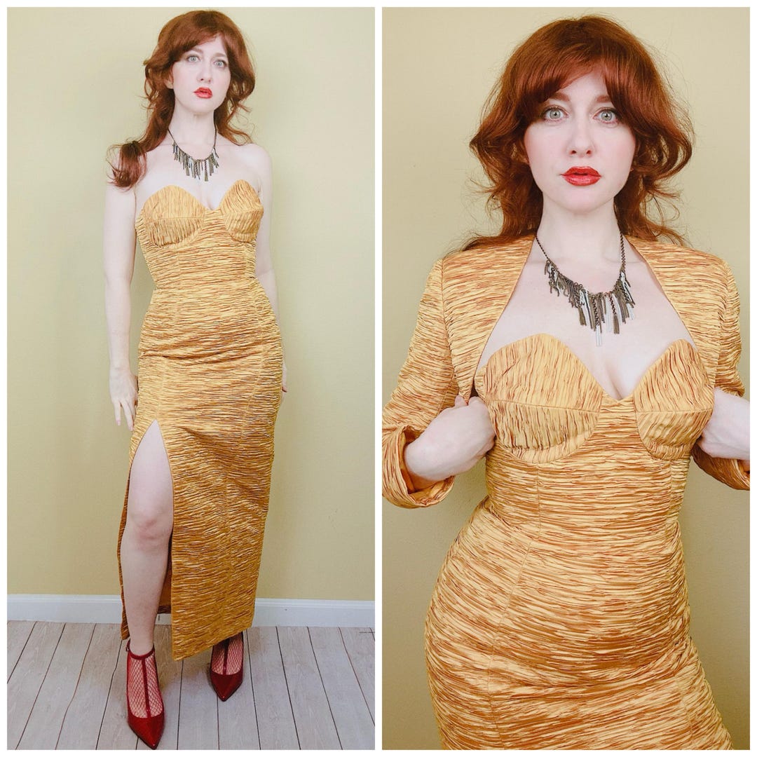 1980s Vintage Dana Deatherage Mustard Ruched Bombshell Dress / 80s Strapless Satin Sweetherat ...