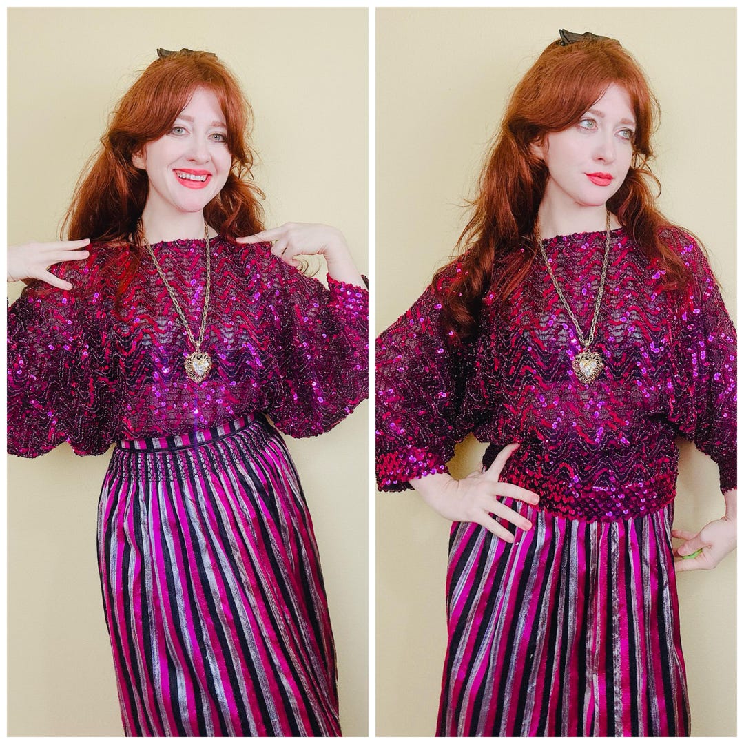 1980s Vintage Rob Hill Magenta Sequin Disco Top / 80s Dolman Sleeve ...