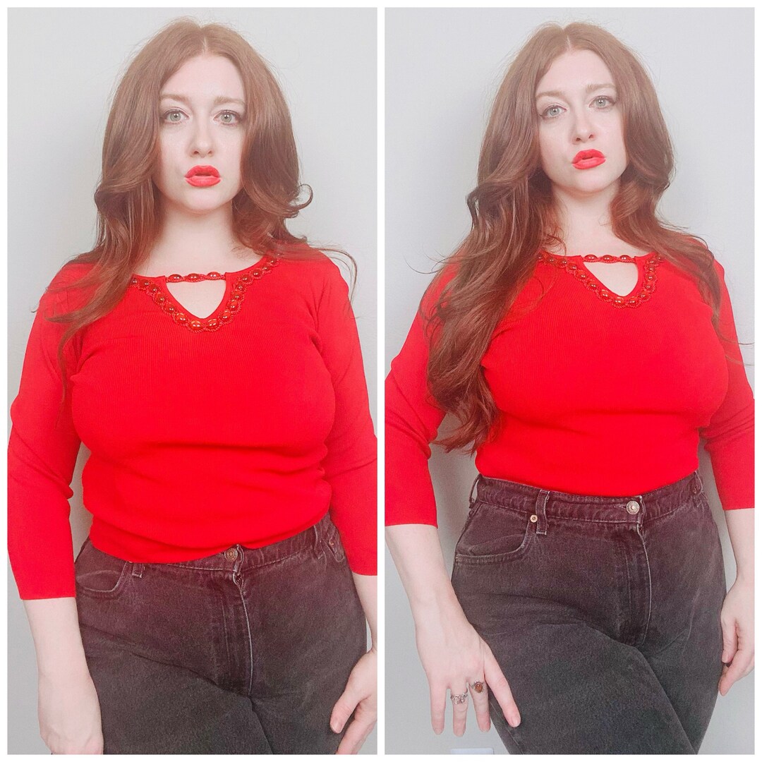 1990s Vintage Cherry Red Cut Out Beaded Stone Knit Top / 90s Bombshell ...