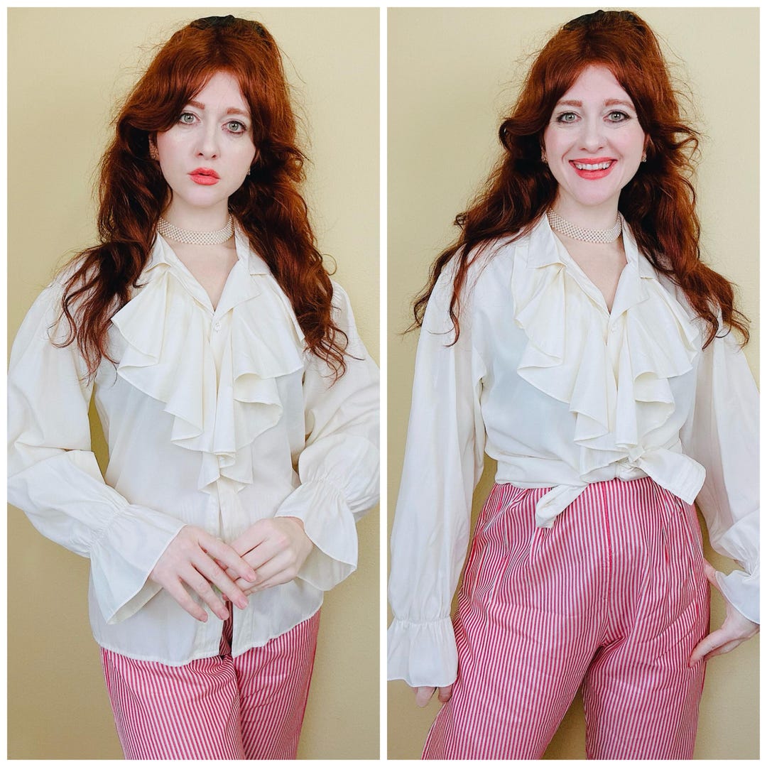 1980s Vintage Notation Cream Rayon Ruffled Blouse / 80s Ruffld Poet ...