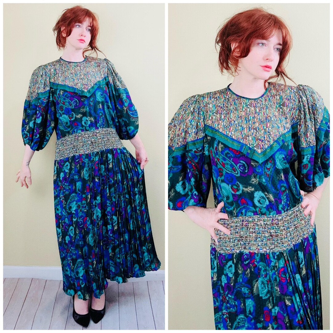 1980s Vintage Susan Freis Geometric Paisley Dress / 80s Dropped Waist ...