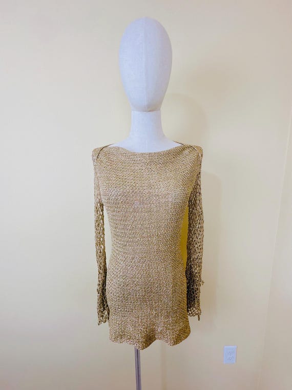 1960s Vintage Gold Lurex Crochet Micro Mini / 60s Gog… - Gem