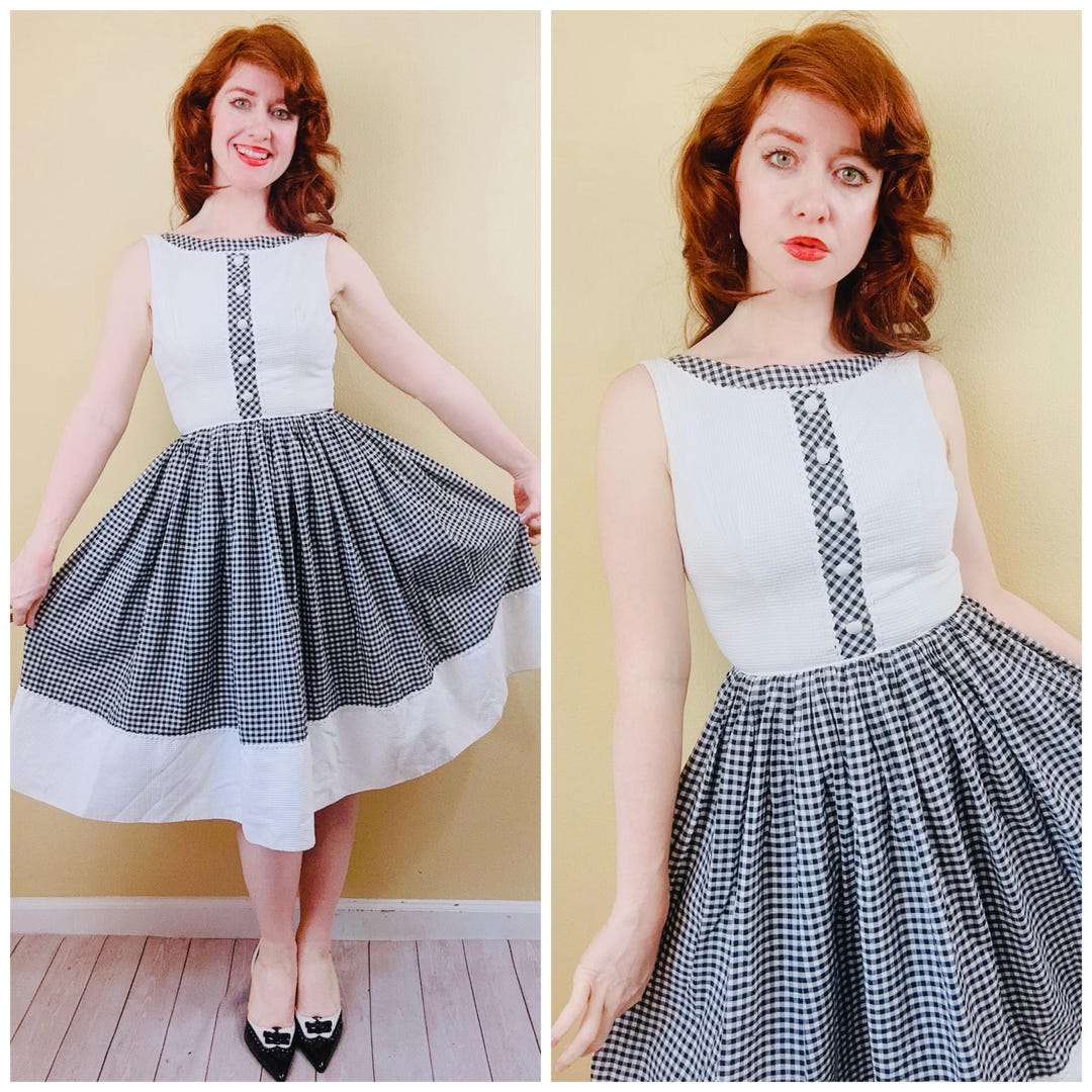 1960s Vintage Candy Jones Navy Blue and Gingham Sundress / 60s Plaid ...