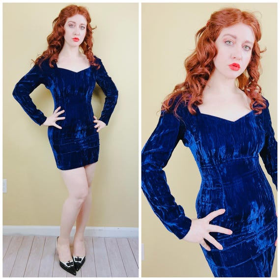 1990s Vintage Jay Jacobs Blue Crushed Velvet Mini Dre… - Gem