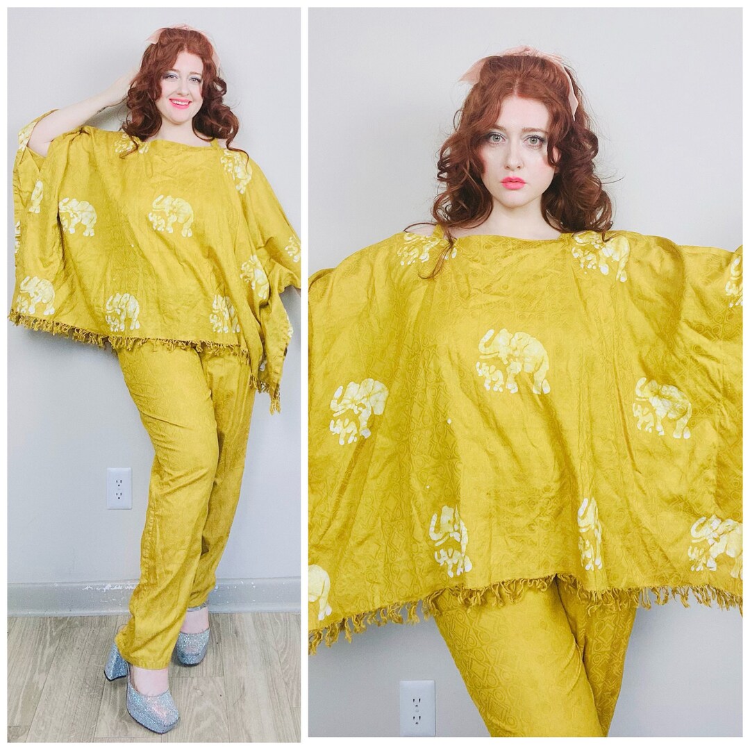 1990s Vintage Yellow Elephant Print Cotton Pant Set / 90s Caftan Fringe ...