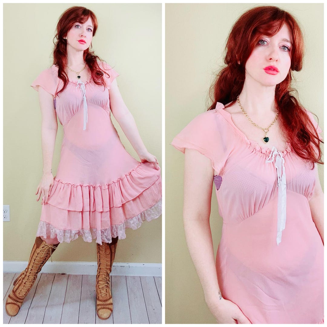 90s Marikka Nakk Rayon Chiffon Dress: Pink Ruffle Lace Coquette - Etsy