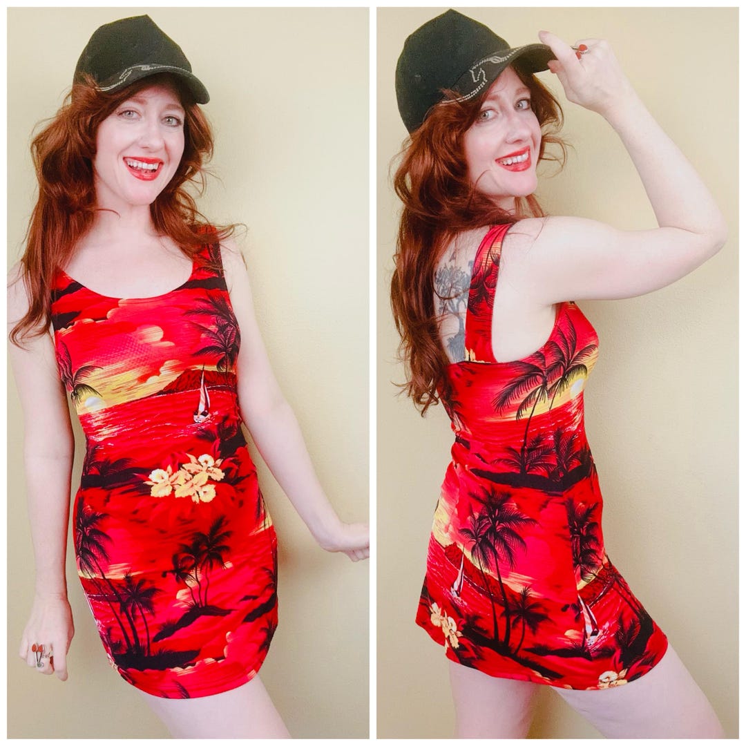 Y2K Vintage Spandex Sunset Mini Dress / Hawaiian Pal Tree Dress ...