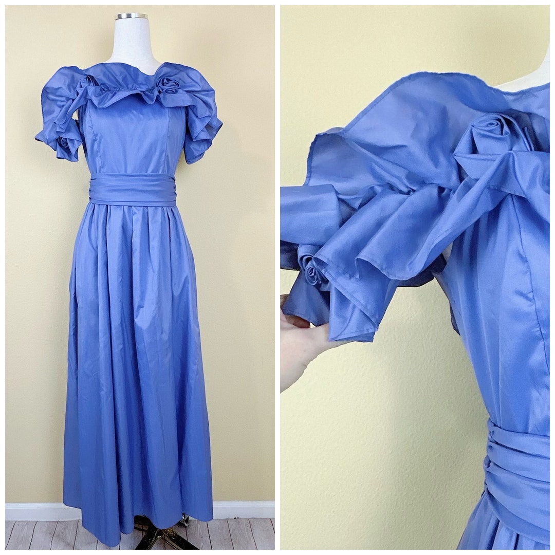 1980s Vintage Periwinkle Rosette Ruffle Prom Dress /. 80s Ruffled off ...