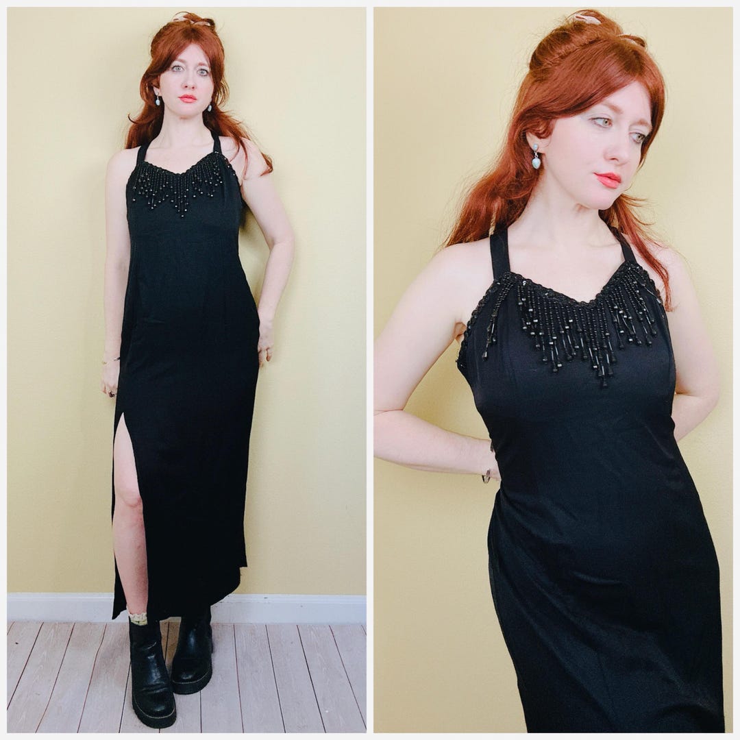1980s Vintage Susan Roselli by Vijack Side Slit Wiggle Dress / 80s Black Rayon Acetate Beaded ...