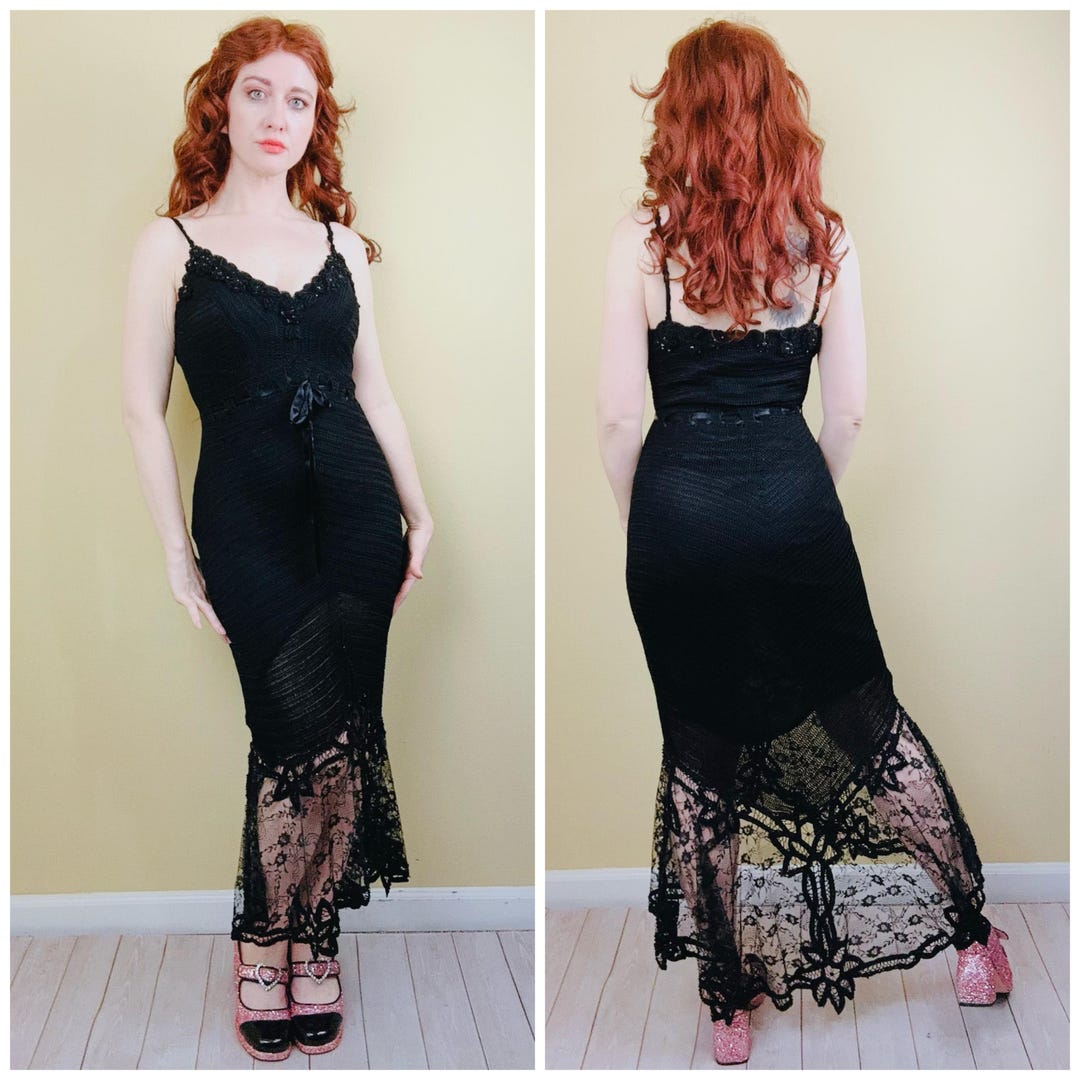 Y2K Janine of London Insane Black Crochet Dress / Vintage Beaded Ribbon ...