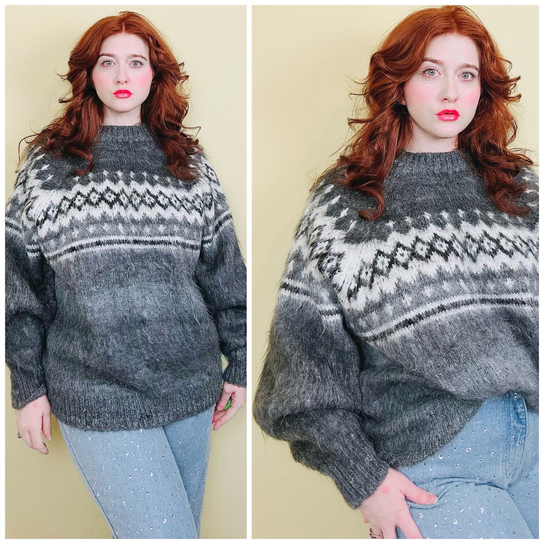 Vintage Grey Fair Isle Sweater / Cream Cozy Oversized Mohair / Wool ...