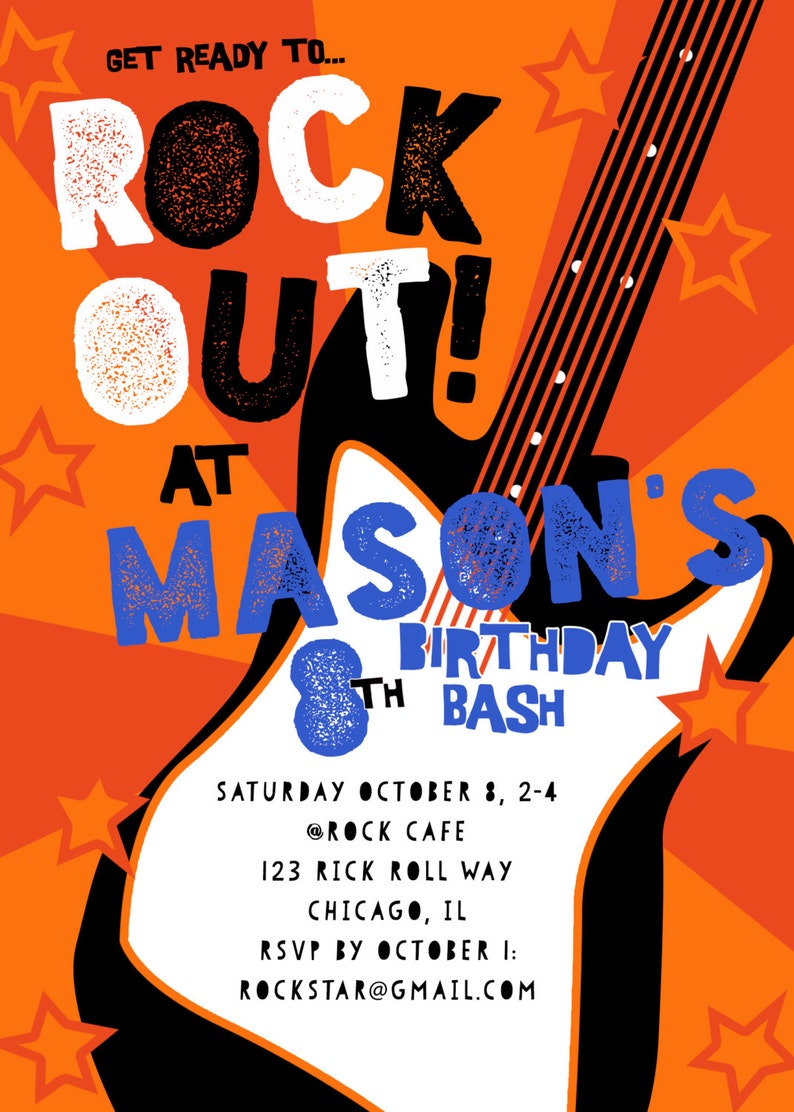 Rock Star Birthday Party Invitation, Rock Band, Girly, Guitar, Band ...