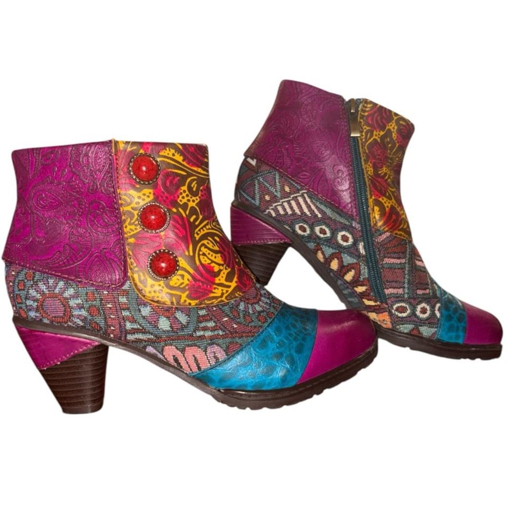 Socofy Leather Bohemian Printed Side Zipper Ankle Boot Womens Size 39 8 ...