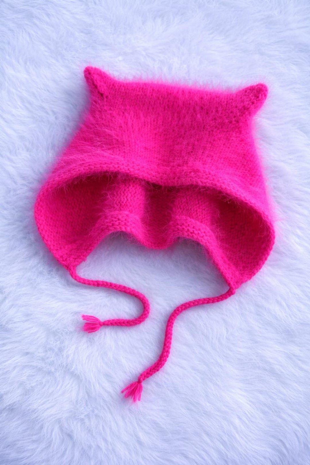 Handmade Hot Pink Cat Ear Bonnet, Fluffy Mohair Blend Knit Hood - Etsy